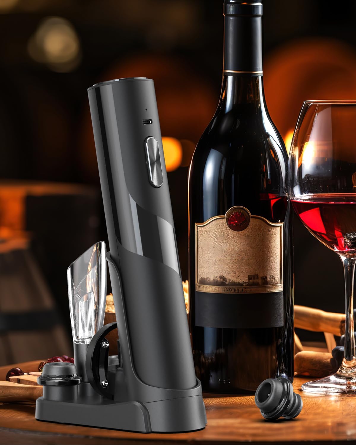 CIRCLE JOY Rechargeable Wine Opener Electric Wine Bottle Opener 7-in-1 Wine Gift Set with Electric Vacuum Pump, Charging Station, Foil Cutter, Wine Aerator Pourer and 2 Wine Stoppers