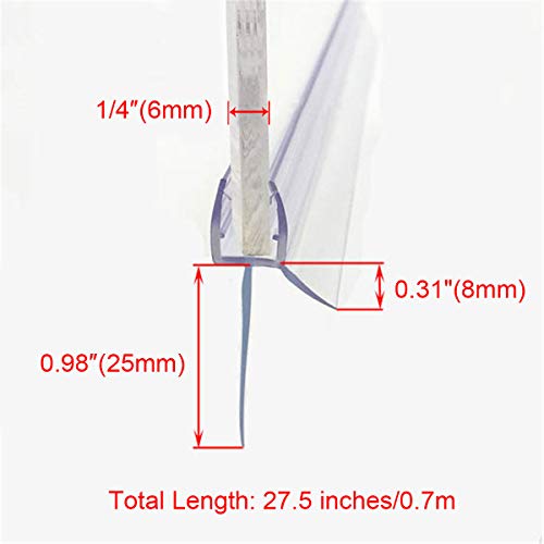 Cozylkx Frameless Shower Door Bottom Seal with Drip Rail 1/4" Thick Glass 27.5" Long Sweep - Glass Door Seal Strip Stop Shower Leaks