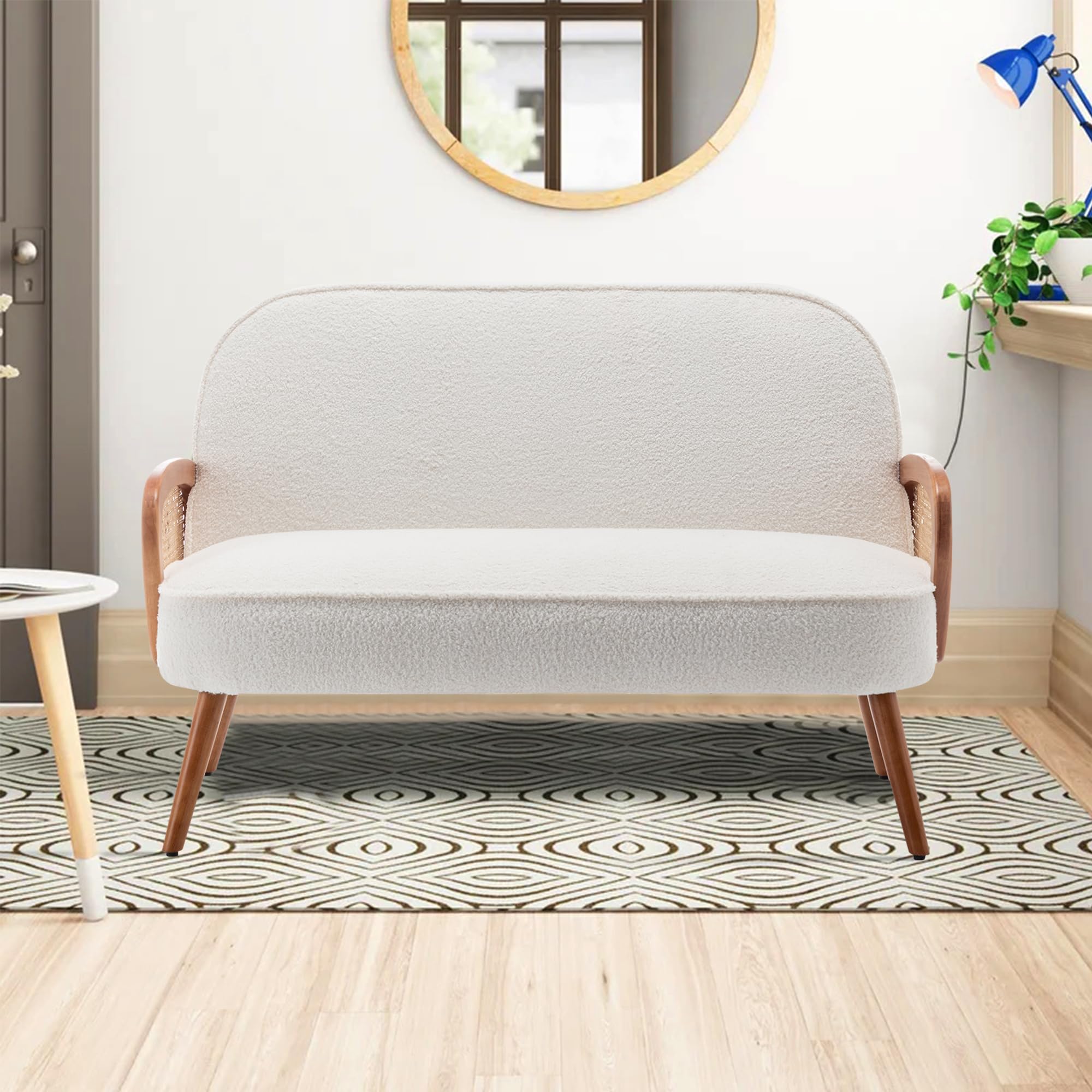 WENTMENT Loveseat Sofa Small Couch for Living Room Teddy Love Seat with Natural Rattan Armrest and Solid Wooden Legs Small Sofa for Small Space, Bedroom, Apartment(White)