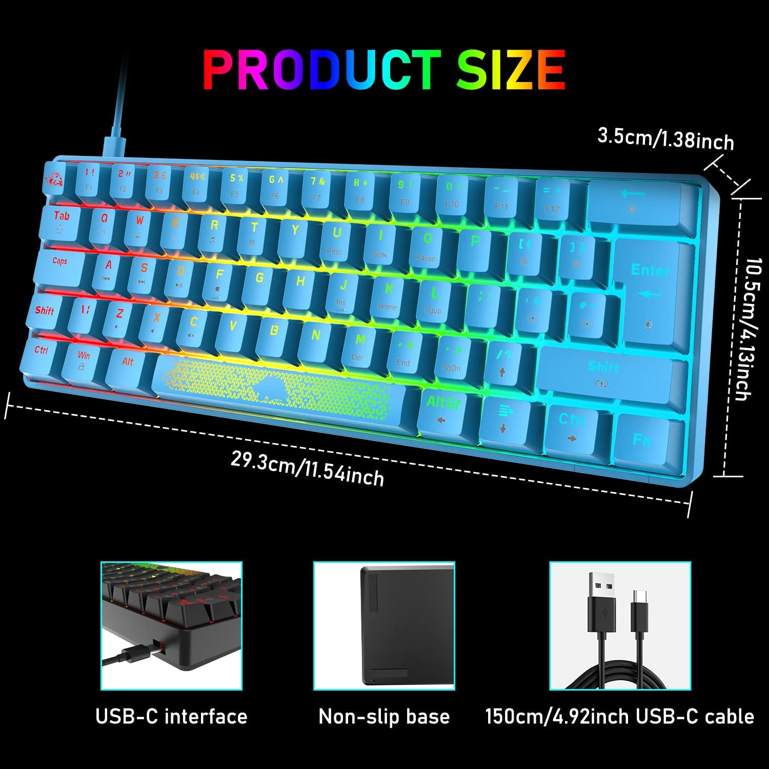 GK61Pro Mechanical Gaming Keyboard and Model Mouse Combo,Wired 18 Chroma RGB Backlit 62key Anti-ghosting Honeycomb Gaming Mouse 12000 DPI Ergonomic for Windows PC Gamers Typists(Blue/Blue Switch)