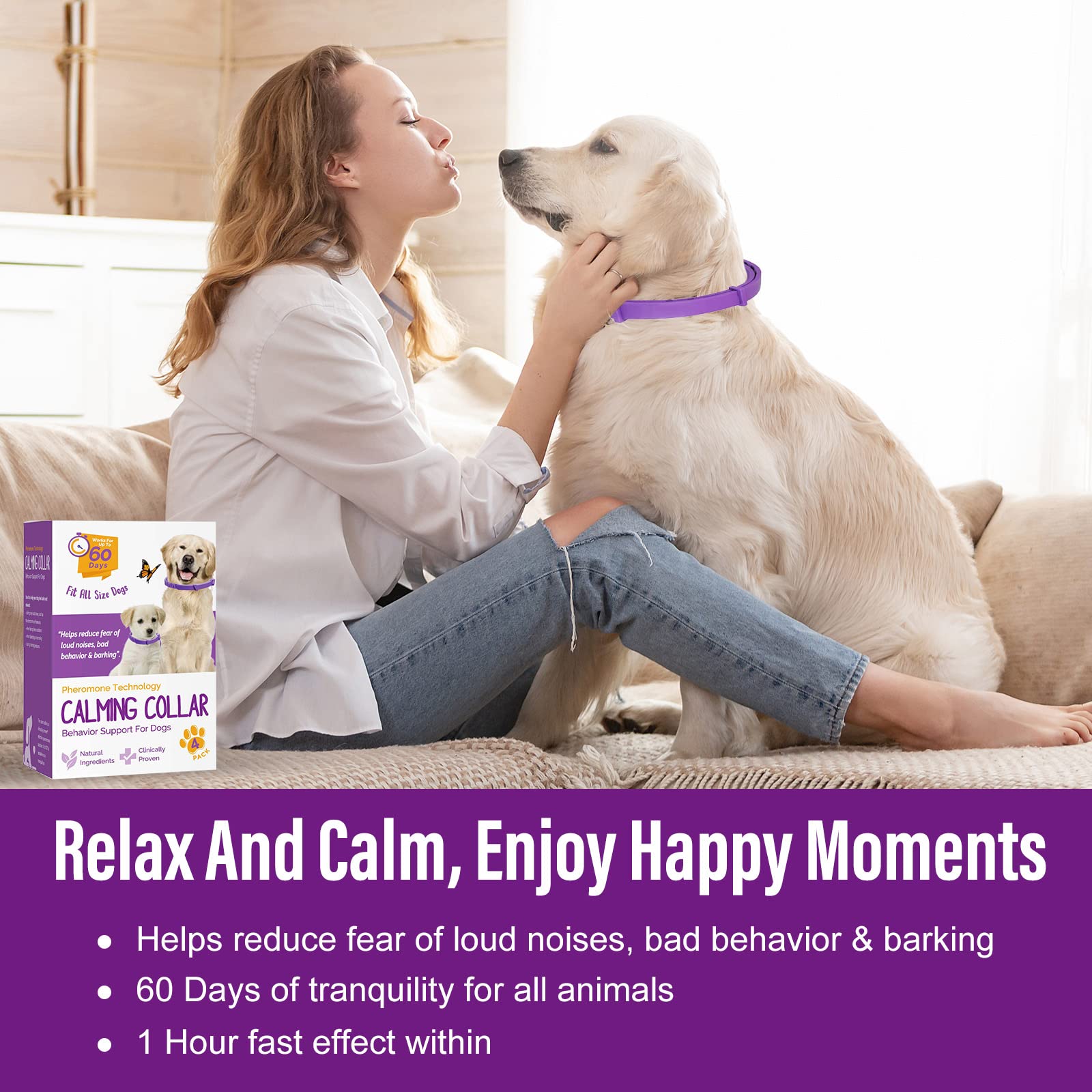 Calming Collar for Dogs, Adjustable Dog Calming Collar, Sustained Release Pheromone, Suitable for All Dogs with Separation Anxiety&Stress&Fear, 4Pcs