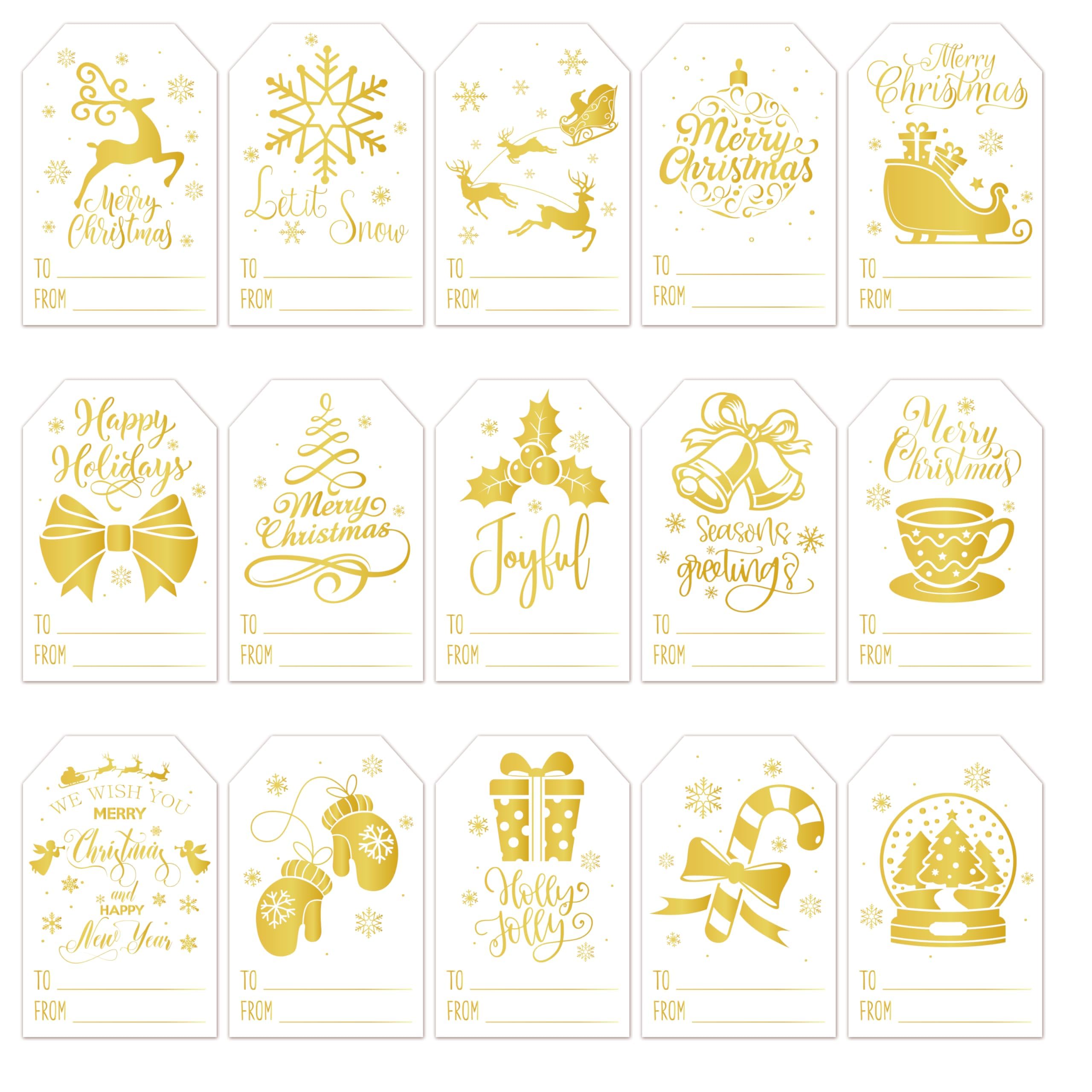 Haooryx Christmas Gift Tag Labels - 450Pcs Gold & White Christmas Gift Tag Stickers Adhesive Winter Christmas Name Labels Foil Snowflake Xmas to and from Gift Package Decor Supply(Gold White,30Sheet)