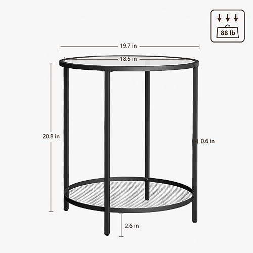 CADANI End Table, Glass Side Table with Open Storage, 2-Tier Black Accent Table with Sturdy Metal Frame, Modern Round Coffee Table for Living Room, Bedroom, Balcony, Patio