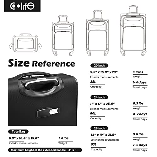 Coolife Luggage 4 Piece Set Suitcase TSA Lock Spinner Softshell lightweight(black+blue)