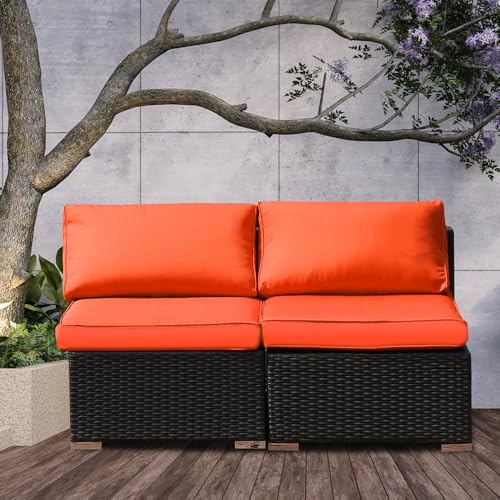 Excited Work PE Wicker Outdoor Loveseat 2 Pcs Patio Couch with Washable Cushion and 2 Pillow,Sectional Furniture Conversation Set(Orange)