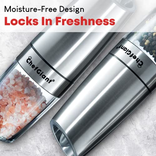 ChefGiant Electric Salt and Pepper Grinder - Automatic Gravity Activated Operation with LED Light | Adjustable Coarseness | Batteries Included | Bonus Spoon & Brush - Stainless Steel
