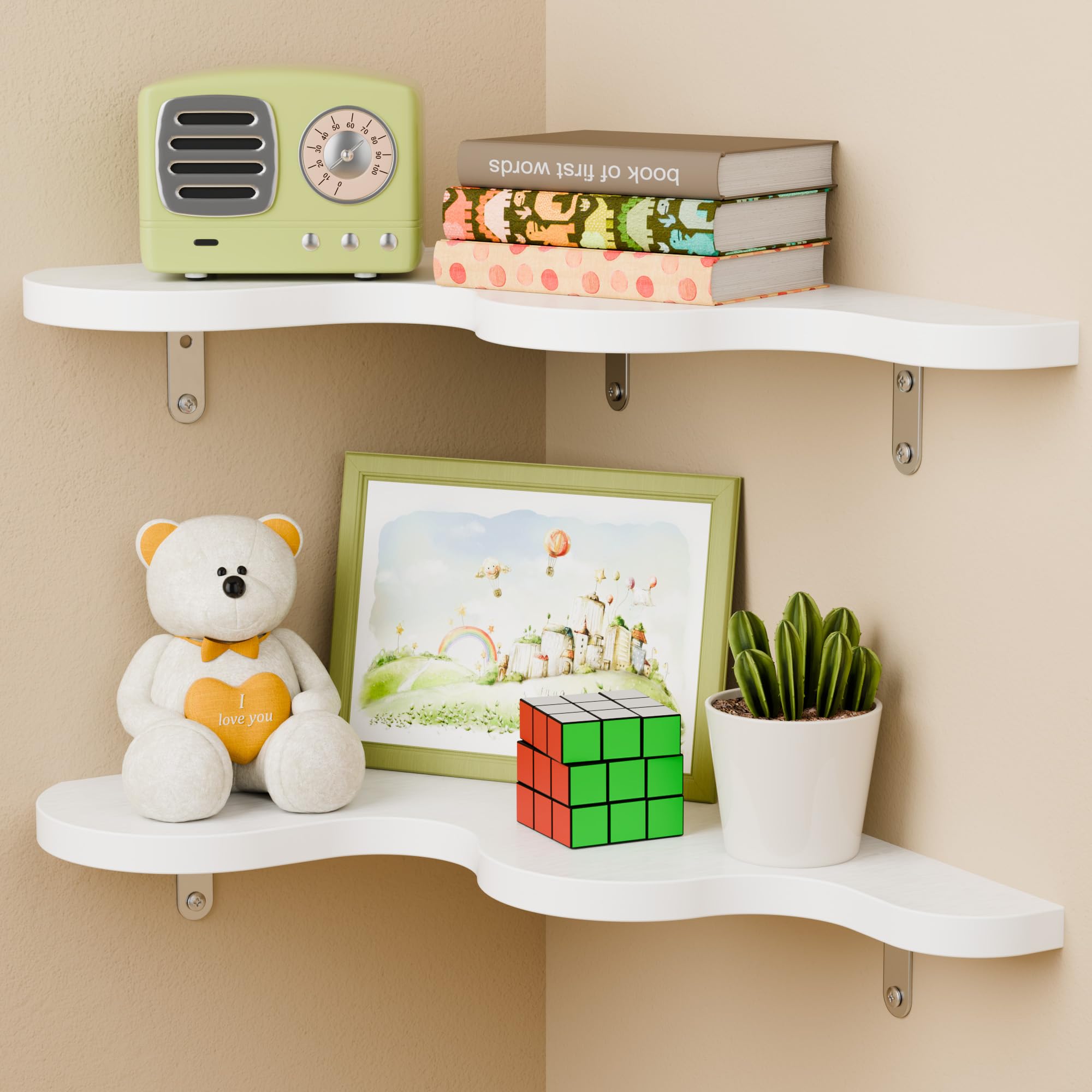 WOPITMER Cute Cloud Shelves, Wavy Floating Corner Shelf, Cloud Corner Wall Shelves with Brackets, Cute Wall Shelves for Nursery Decor, Corner Shelves for Bedroom,Living Room,Bathroom&Home Decor,White