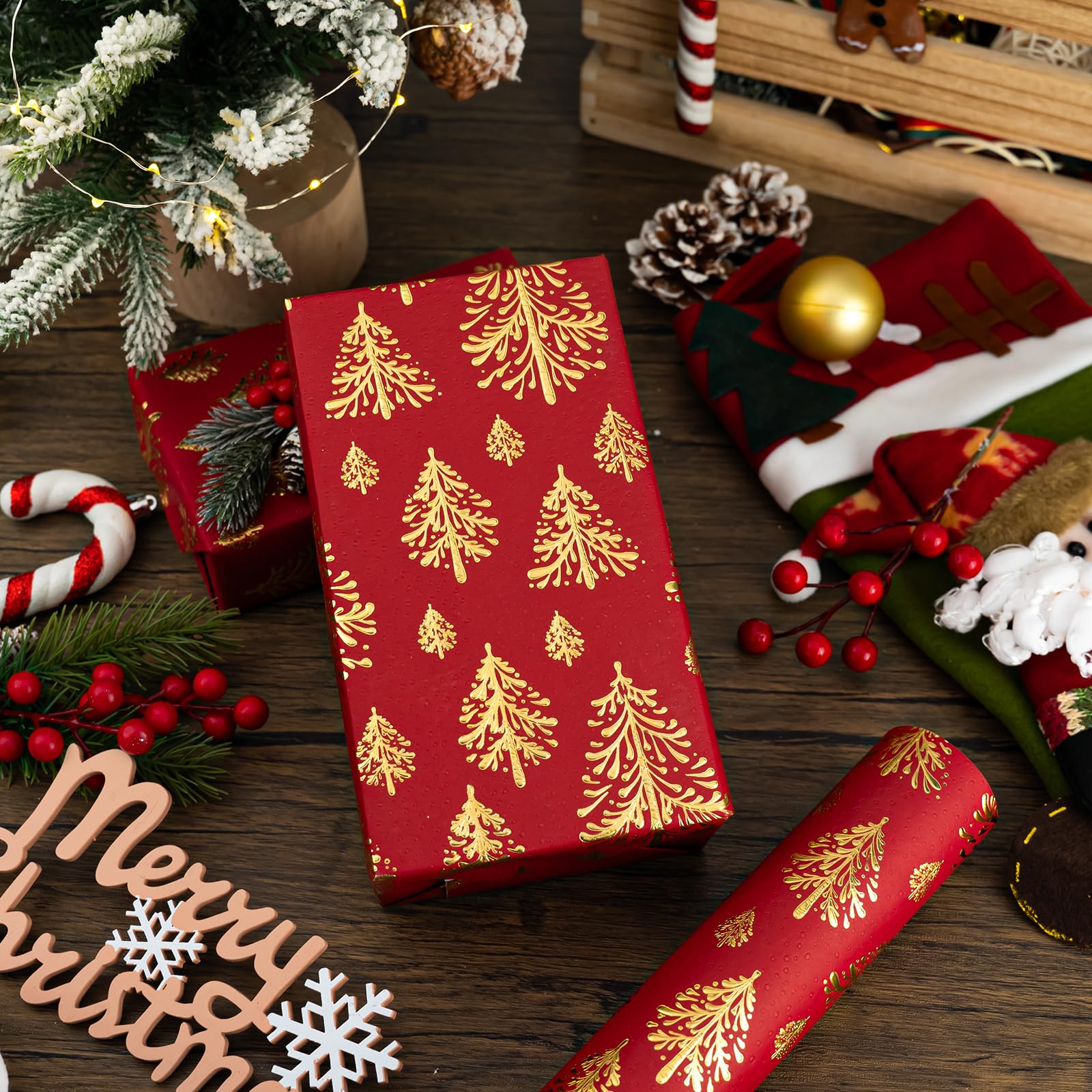 Flyhill Kraft Christmas Wrapping Paper-17inch*32.8ft(46.8sq.ft.ttl Per Roll- Red and Gold 3D Embossed Foil Christmas Trees Design for New Year,Birthday,Party,Craft & Art