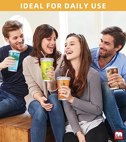 GMISUN Iced Coffee Cups with Lids, Glass Cups with Lids and Straws, Ribbed Glassware, Drinking Glasses Set of 4, Vintage Glassware Cocktail Glasses 14oz for Cocktail, Gift