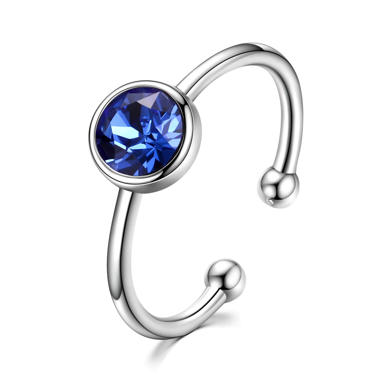 AOBOCO 925 Sterling Silver Created Sapphire Ring September Birthstone Adjustable Stackable Wrap Open Ring for Women, Crystals from Austria