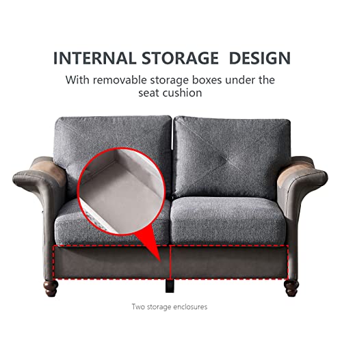 CALABASH Linen Fabric Leather 2 Seater Sofa Couch for Bedroom, 61" Modern Upholstered Tufted loveseat Sofa with Curved Armrest & Removable Storage Boxes for Living Room Office(Dark Grey)