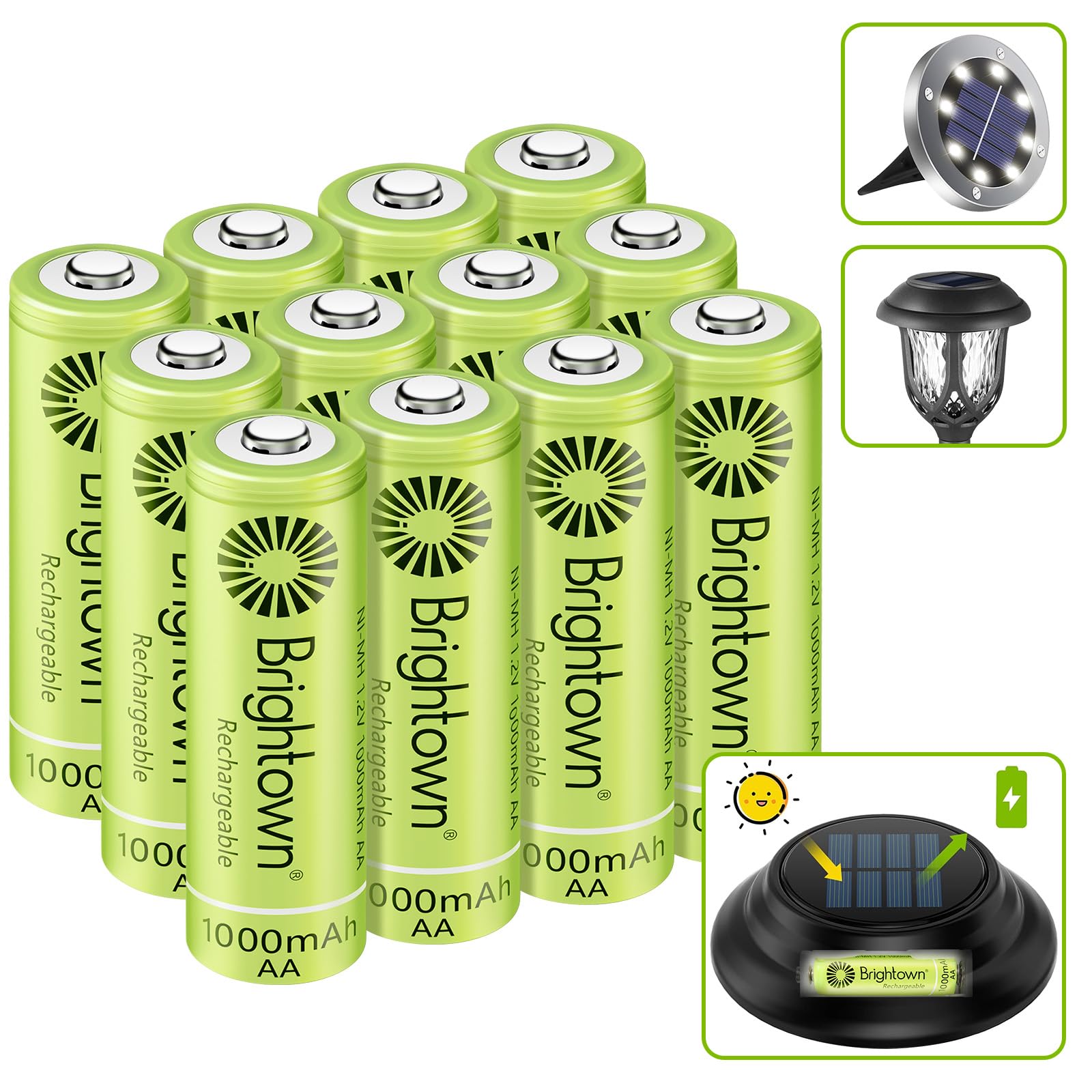 Brightown 12-Pack Rechargeable AA Batteries Pre-Charged, NiMH 1.2V 1300mAh High Capacity Double A Rechargeable Batteries for Solar Lights and Household Devices