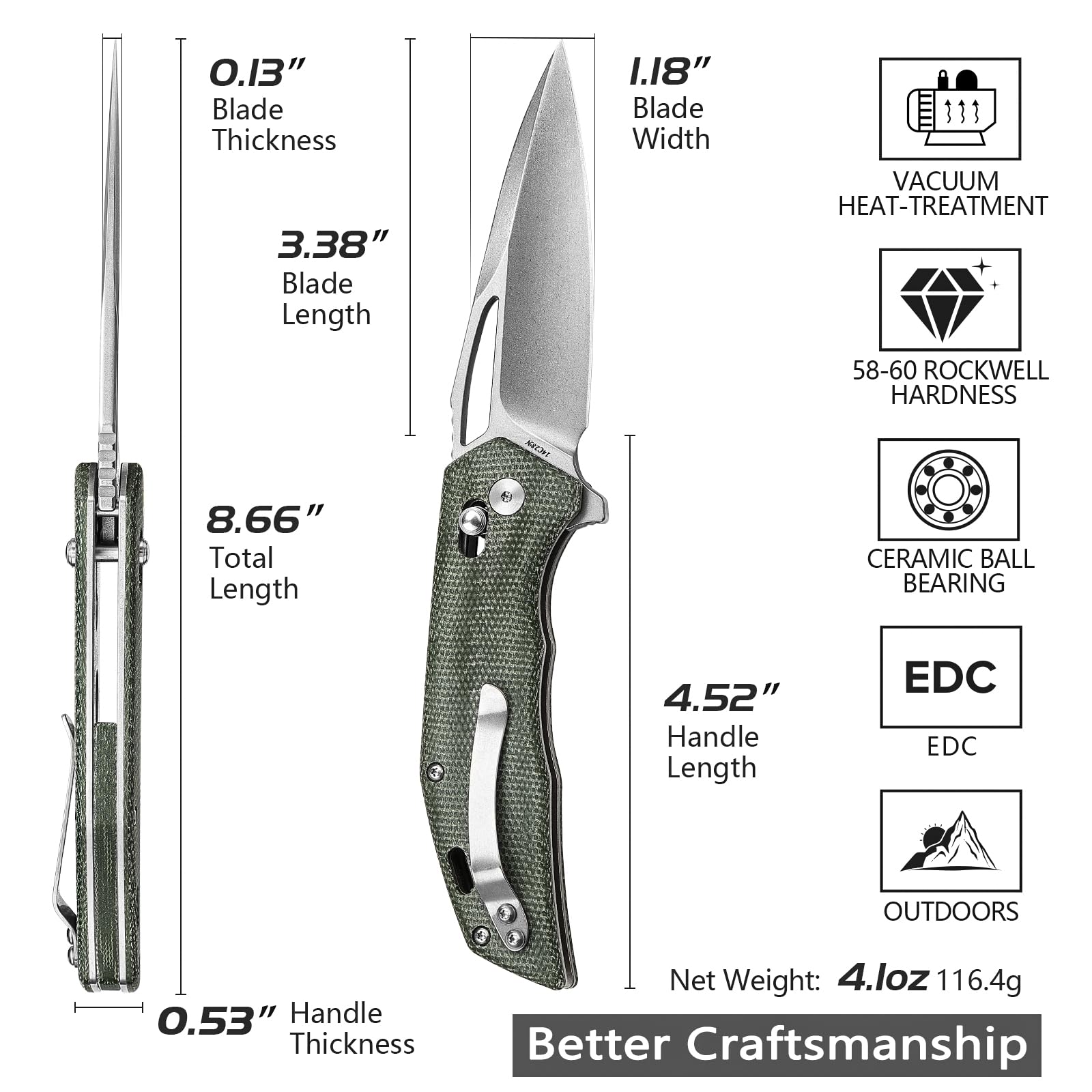 TRIVISA Folding Pocket Knife for Men EDC,3.38in Black 14C28N Steel Blade,Axis Lock Micarta Handle with Clip,Camping Hunting Outdoor Knives,Vela-04B