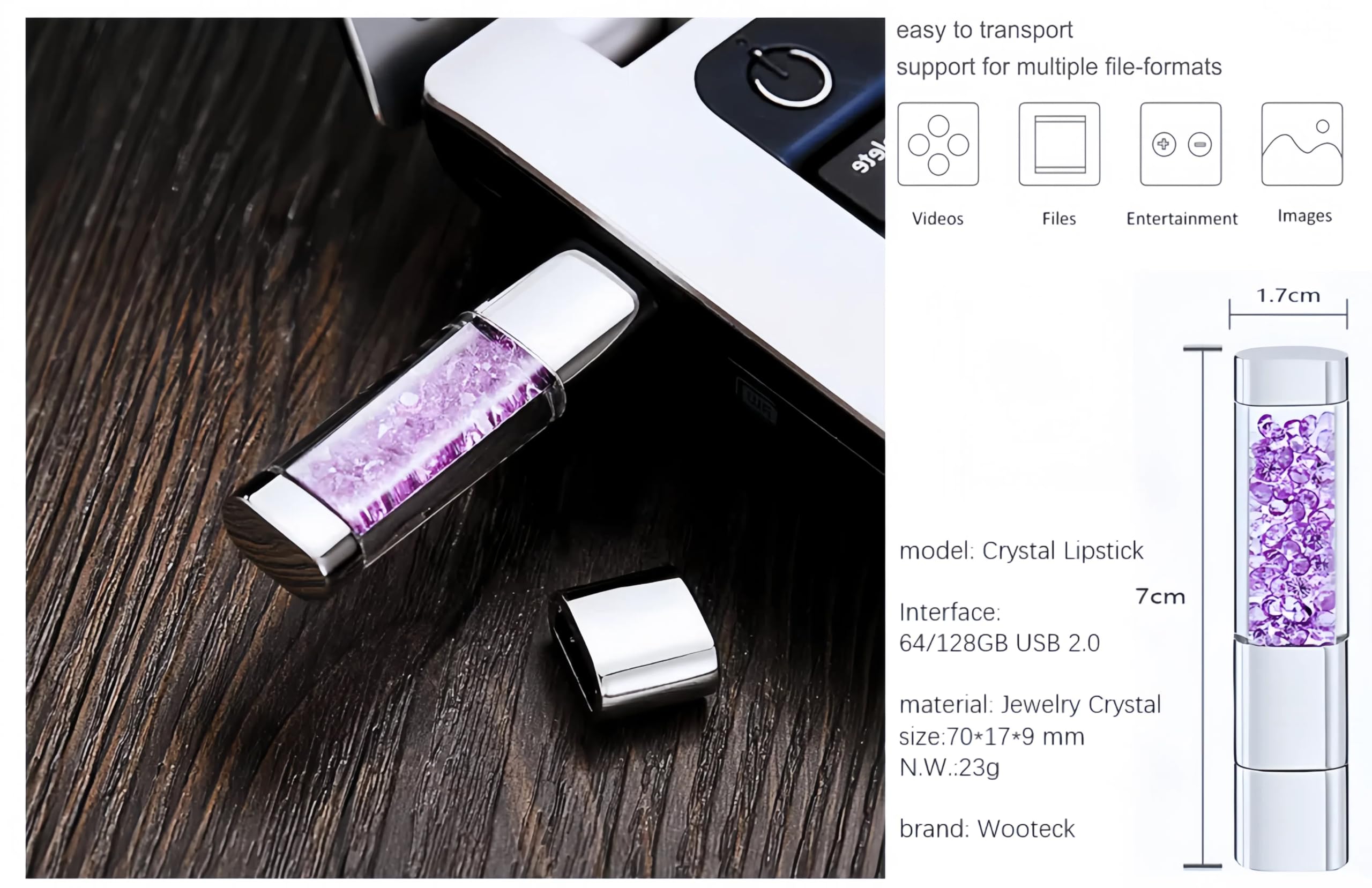 WooTeck 64GB Jewelry Crystal Lipstick USB Flash Drive,High Speed Memory Disk, Purple