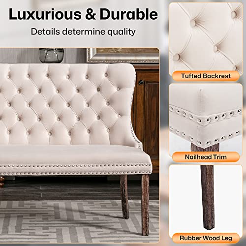 civama Velvet Dining Bench with Back, Tufted Upholstered Loveseat Settee, Nikki Collection Modern Banquette Couch, Comfy Accent Sofa Couch with Solid Wood Legs, Beige