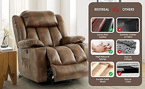 COOSLEEP Large Power Lift Recliner Chair with Massage and Heat for Elderly, Overstuffed Wide Recliners, Breathable Leather with Breathable microporous, USB Ports, 2 Cup Holders (Light Brown)