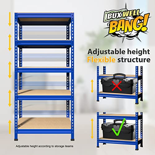 BuxWellBang 5-Shelf Heavy Duty Shelving - Adjustable Garage Storage Shelves, Metal Utility Storage Racks for Warehouse Pantry Basement Kitchen, Garage Organizers Shelf Unit, Blue