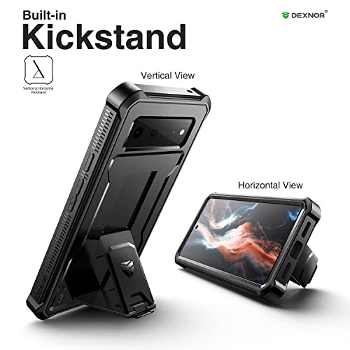 Dexnor for Google Pixel 6 Case, [Built in Screen Protector and Kickstand] Heavy Duty Military Grade Protection Shockproof Protective Cover for Google Pixel 6 5G (Black)