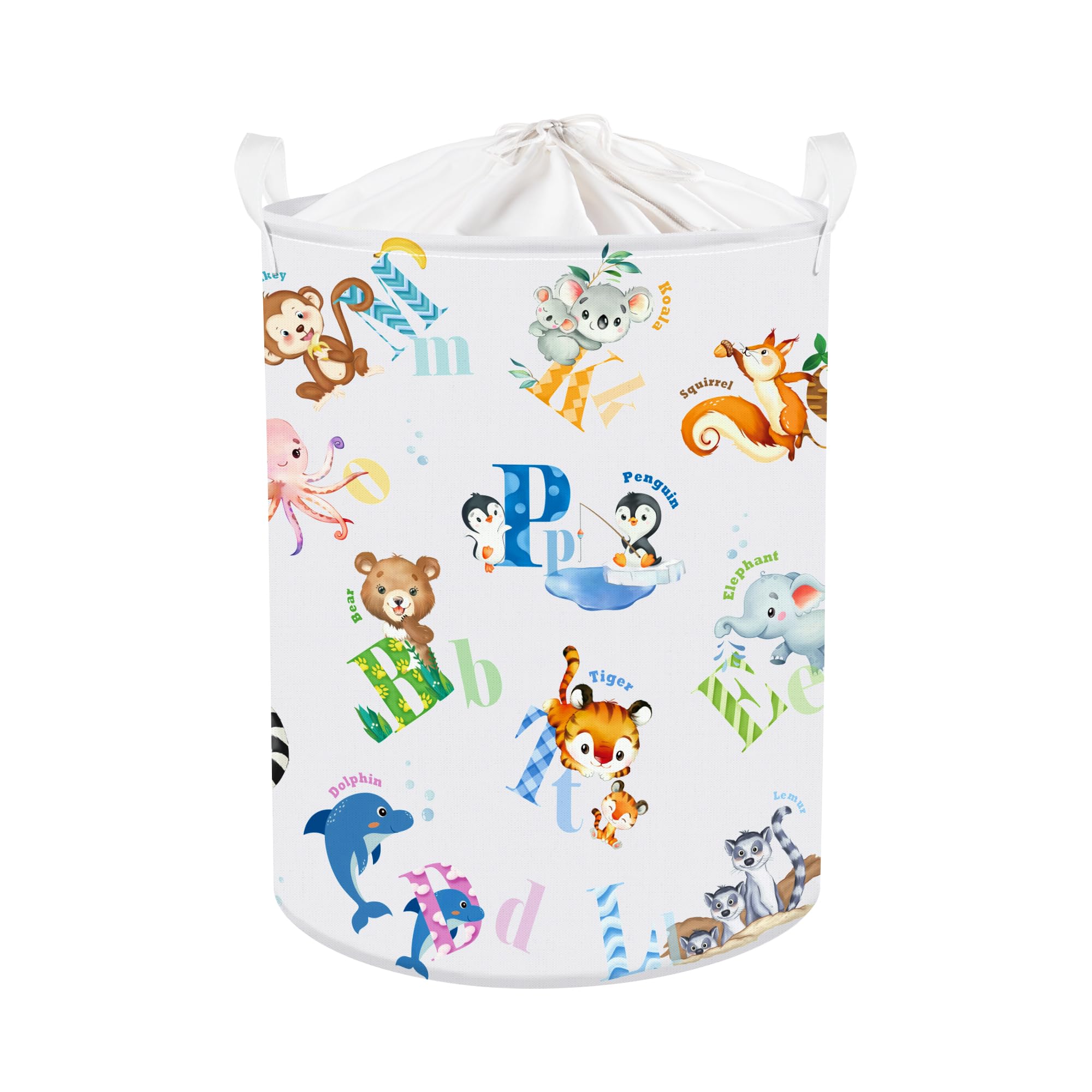 Clastyle 45L Cute Alphabet Animals Laundry Hamper for Boy Girl Colourful Round Toy Clothes Storage Basket for Nursery Room, 14.2x17.7 in