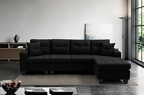 BIADNBZ Modern Sectional Sofa Set with Reversible Chaise Lounge,2 Pillows and Cup Holders,4-Seat L-Shaped Upholstered Couch for Living Room Office Apartment, Black