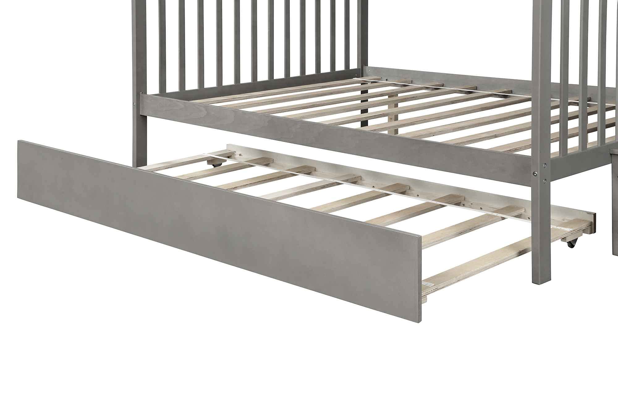 ATY Upgraded Full Bunk Bed with Trundle, Solid Wood Twin Over Size with Storage and Guard Rail, for Kids and Teenagers, Grey