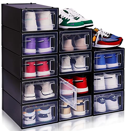 FINESSY Small Shoe Organizer Shoe Storage Box, Shoe Boxes Clear Plastic Stackable, Clear Shoe Boxes Stackable Black Shoe Organizer For Closet Shoe Containers Shoe Box Storage Containers (Dark Blue)