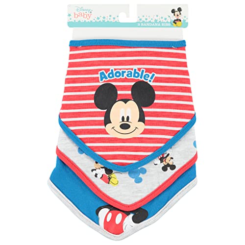Disney Baby Unisex Mickey Mouse Bandana Bib 3-Pack - Mickey Mouse Baby Bibs (Blue/Red/Grey, 0-12M)