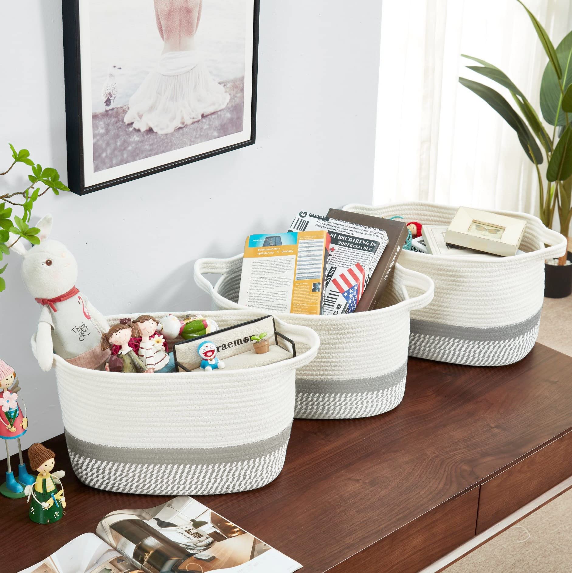 DECOMOMO Woven Baskets for Storage | Large Decorative Cotton Rope Basket for Organizing Baby Toy Book Nursery Kids Laundry Organizer 15" x 11" x 10" (Grey, Large – Set of 3)