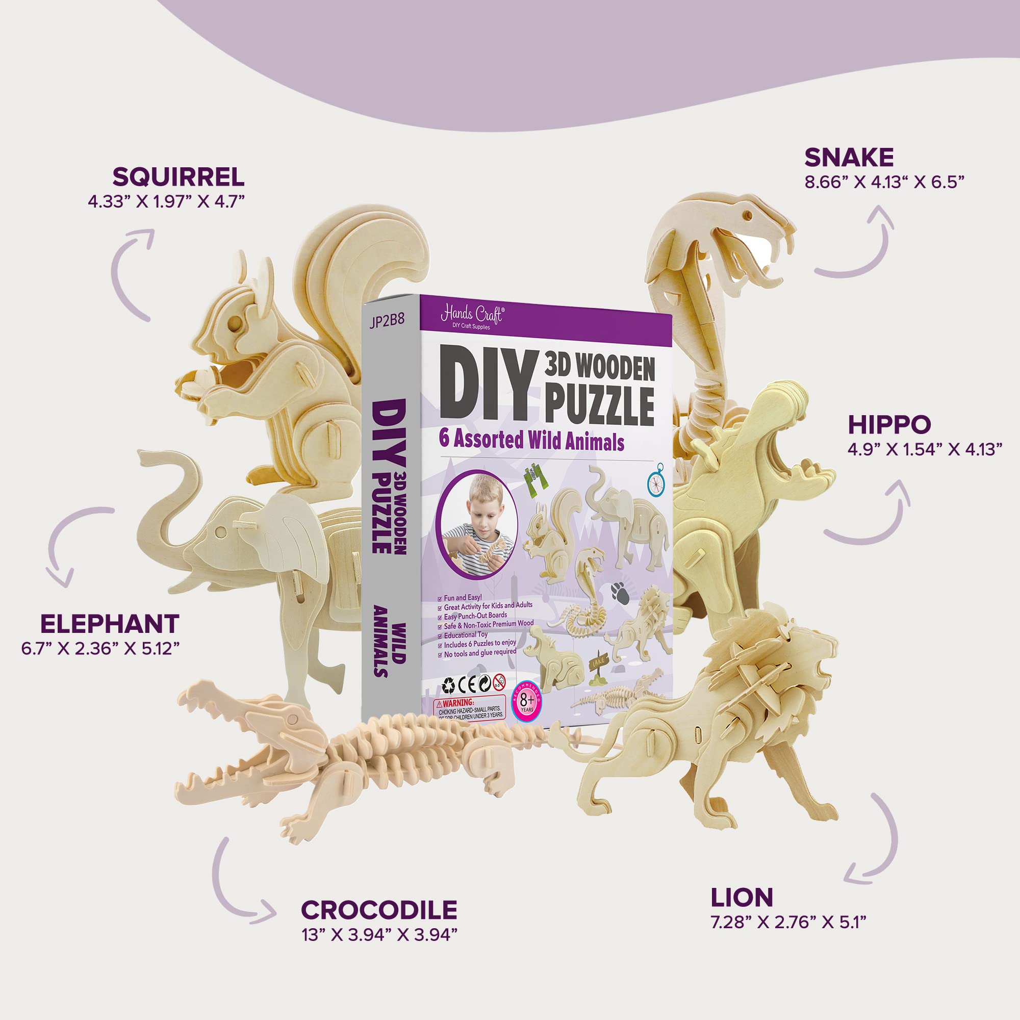 Hands Craft DIY 3D Wooden Puzzle – 6 Assorted Wild Animals Bundle Pack Set Brain Teaser Puzzles Educational STEM Toy Adults and Kids to Build Safe and Non-Toxic Easy Punch Out Premium Wood JP2B8