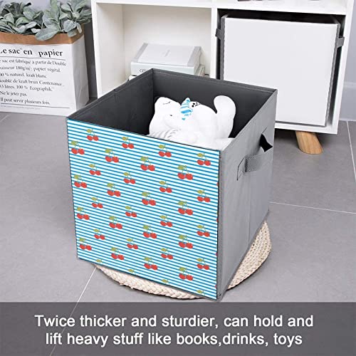 Cherries Pattern with Blue Stripes Storage Bins Cubes Foldable Fabric Organizers with Handles Clothes Bag Book Box Toys Basket for Shelves Closet 10.6"