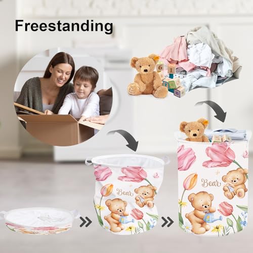 Clastyle Large Pink Tulip Bear Baby Gift Basket Kid Clothes Toy Book Nursery Storage Bin Girl Bedroom Butterfly Flower Laundry Hamper, 14x17.7 in
