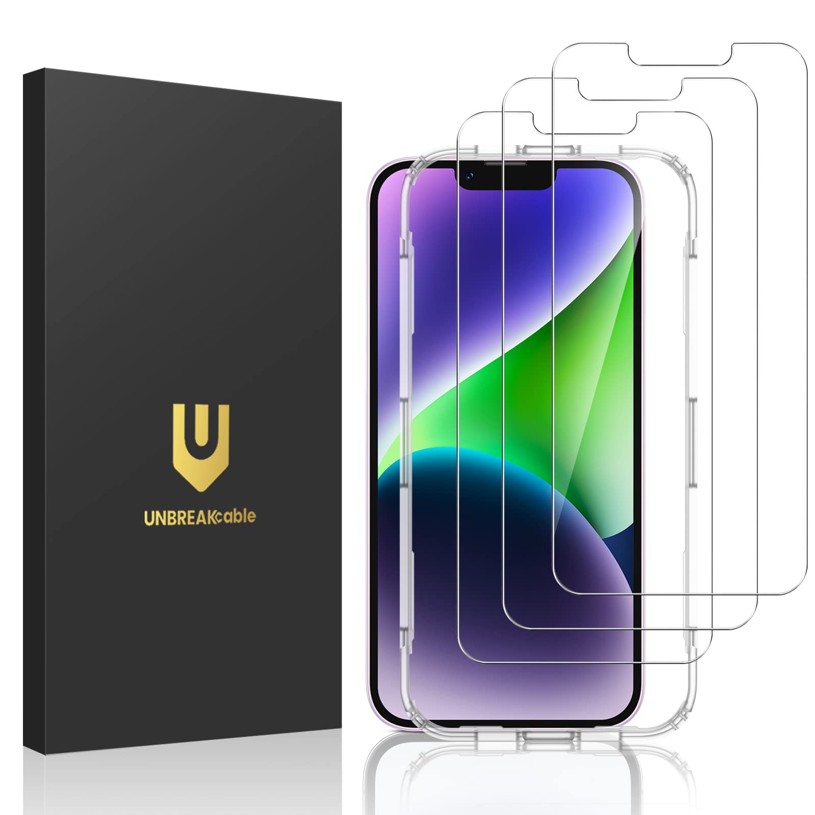 UNBREAKcable 3-Pack Screen Protector for iPhone 14, Double Shatterproof Tempered Glass [Easy Installation Frame] [9H Hardness] [99.99% HD Clear] [Case Friendly] for iPhone 6.1 inch