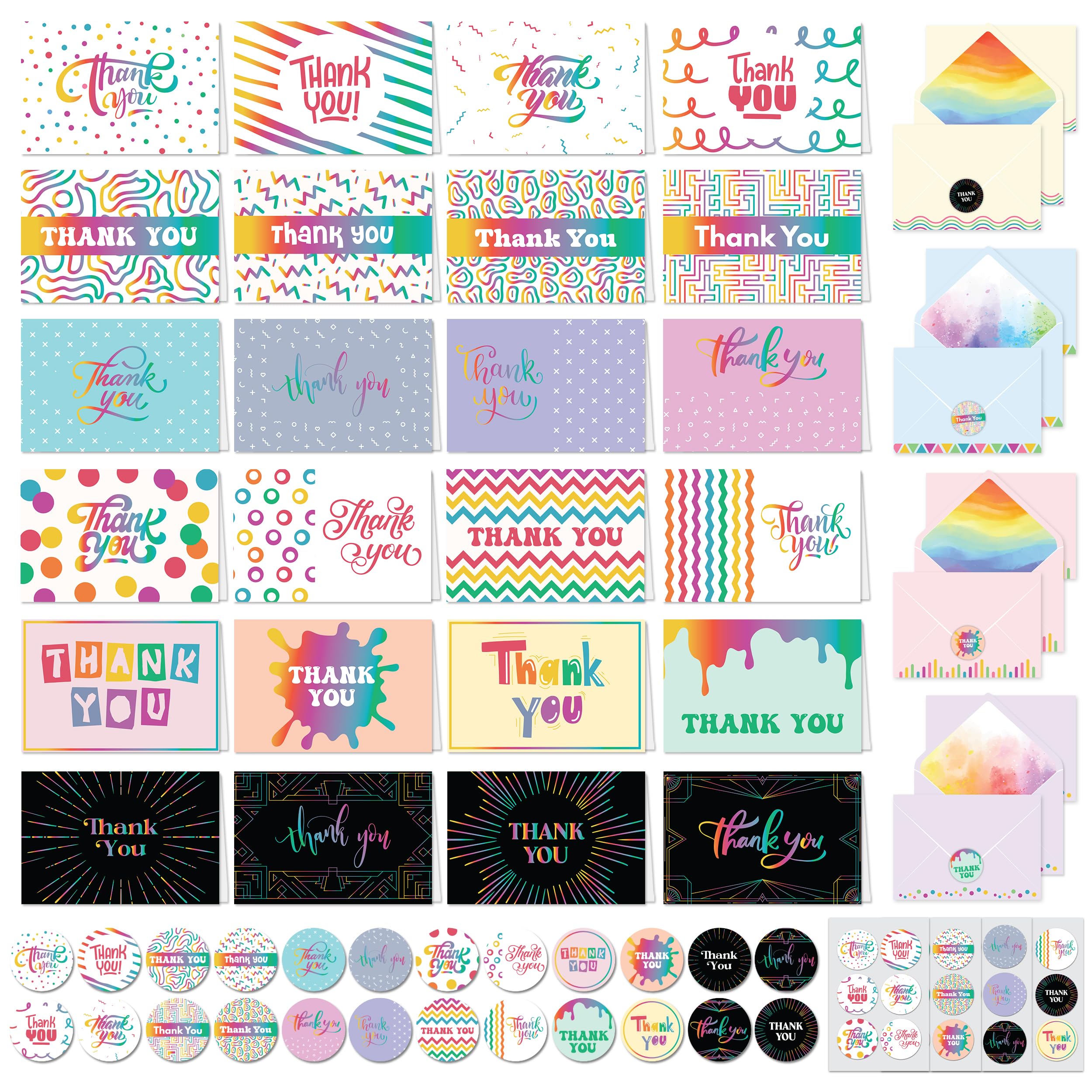 Decorably Assorted Thank You Cards with Envelopes & Stickers - 24 Pack Rainbow Thank You Cards with Envelopes, Blank Inside 4x6in Thank You Cards Rainbow, Thank You Card Assortment