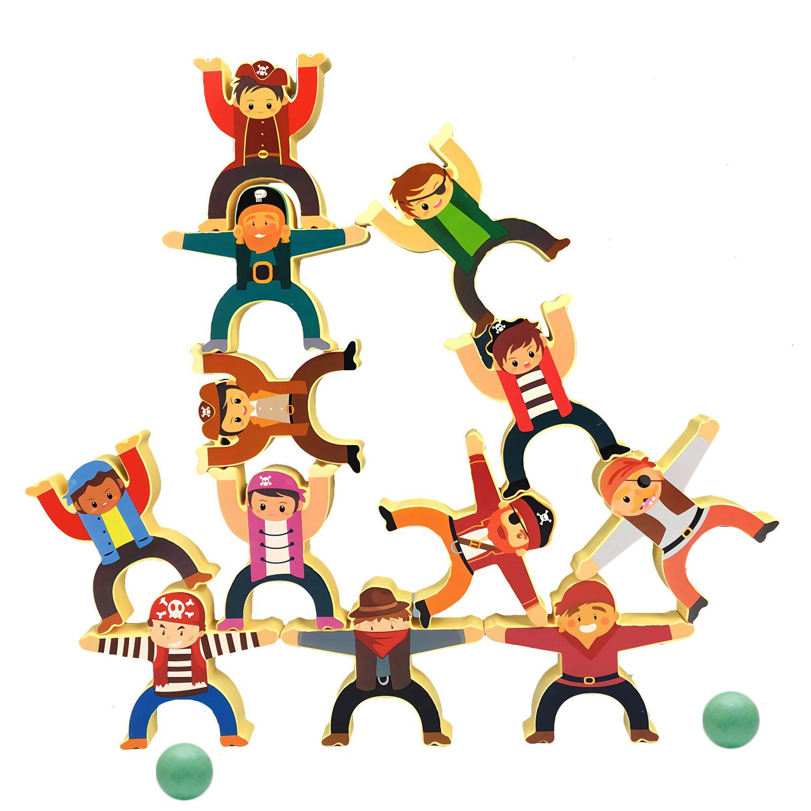 Fuortia 14pc Wooden Pirate Stacking Games Set, Balance Building Block Toys Suitable for Children Over 3 Years Old, Early Education Educational Toy