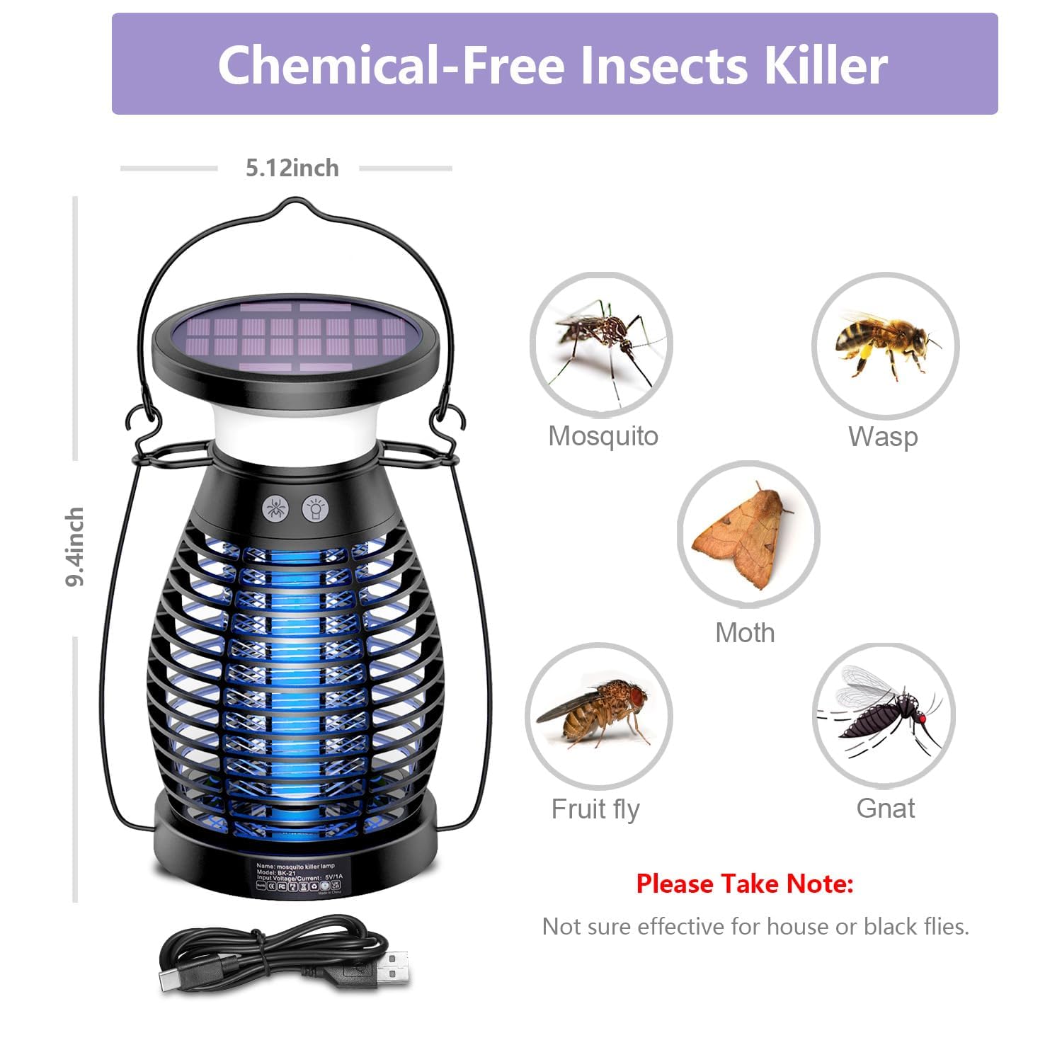 BANPESTT Solar Bug Zapper Outdoor Indoor Waterproof, 3-in-1 Cordless Mosquito Zapper, Rechargeable Flying Insect Trap for Fruit Fly, Gnat, Wasp,Moth, Mosquito Trap & Killer for Camping, Home, Patio