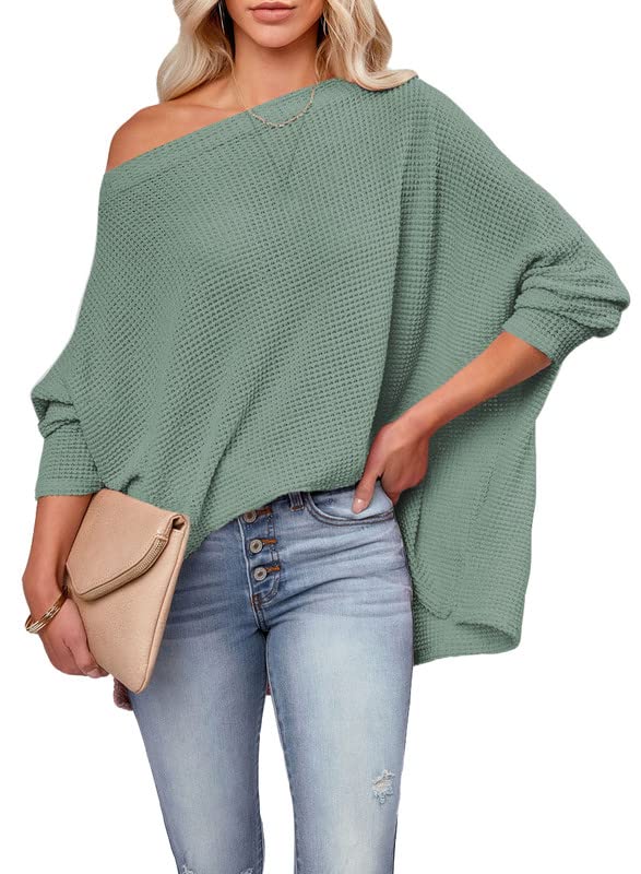 Dokotoo Womens Juniors Oversized T Shirts Long Sleeve Scoop Neck Waffle Knit Tunic Tops Green Summer Shirt Solid Color Fashion Work Business Loose Fit Blouses X-Large