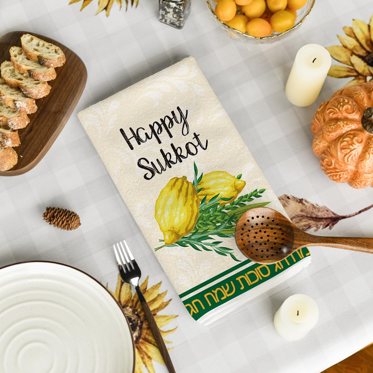 Artoid Mode Lemons Happy Sukkot Kitchen Towels Dish Towels, 18x26 Inch Hebrew Etrog Lulav Decoration Hand Towels Set of 2