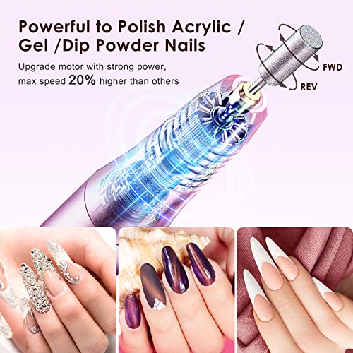 Cordless Nail Drill Electric File: Professional for Acrylic Gel Dip Powder Nails Portable Nail Drill Machine Kit for Manicure Pedicure Nail Set with Everything Rechargeable Lightweight