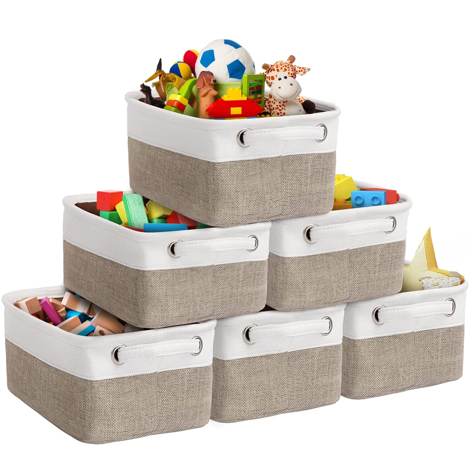 EXTREE Fabric Small Storage Baskets - 6 Pack Nursery Decorative Storage Bins Linen Empty Gift Basket with Handles for Organizing Shelves Bathroom(Gray,11.8L x 7.9W x 5.3H inches)