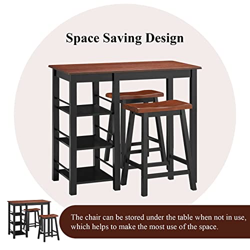 COSTWAY 3 Pieces Pub Table and Chair Set, Counter Height Dining Table Set with 2 Stools and 3 Storage Shelves, Industrial Wood Kitchen Table Set for Bar Bistro, Living Room, Restaurant