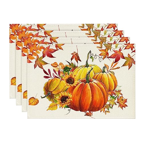 Artoid Mode Pumpkins Maple Leaves Fall Placemats Set of 4, 12x18 Inch Seasonal Autumn Thanksgiving Table Mats for Party Kitchen Dining Decoration