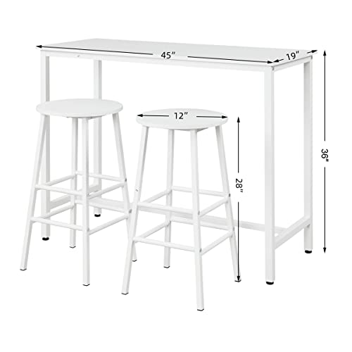 COSTWAY 3-Piece Pub Table Set, Bar Table with 2PCS Backless Bar Stools, Fashionable Simple Style, Kitchen Counter Height Dining Design, Breakfast Table Set for Kitchen, Restaurant, Small Space (White)
