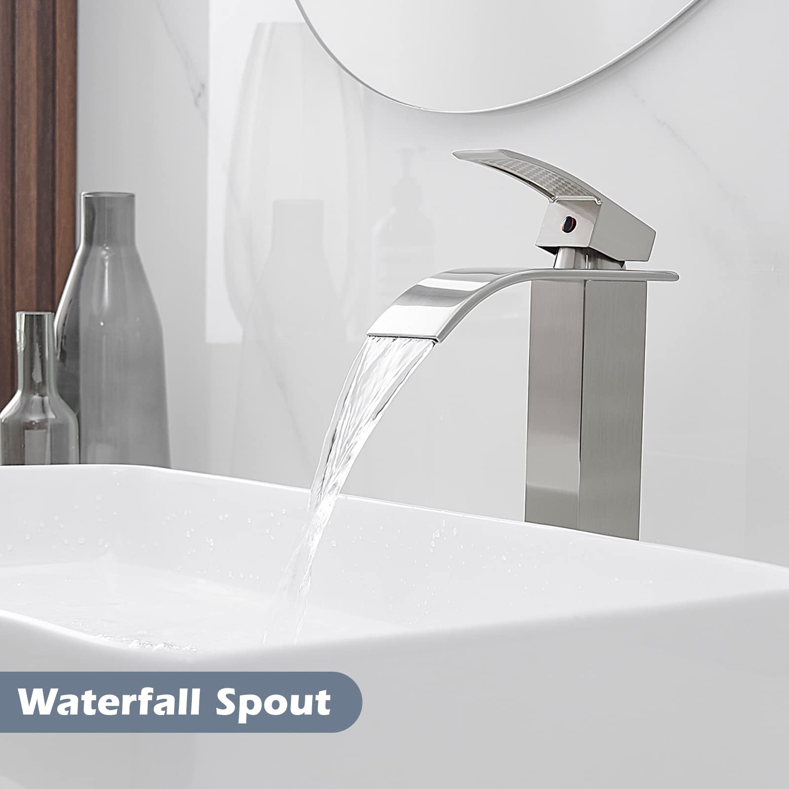 BWE Vessel Sink Faucet Modern Waterfall Brushed Nickel Single Hole Bathroom Faucet Single Handle with Pop up Drain Without Overflow Assembly Vanity Basin Bath Sink Faucets Mixer Tap Lead-Free