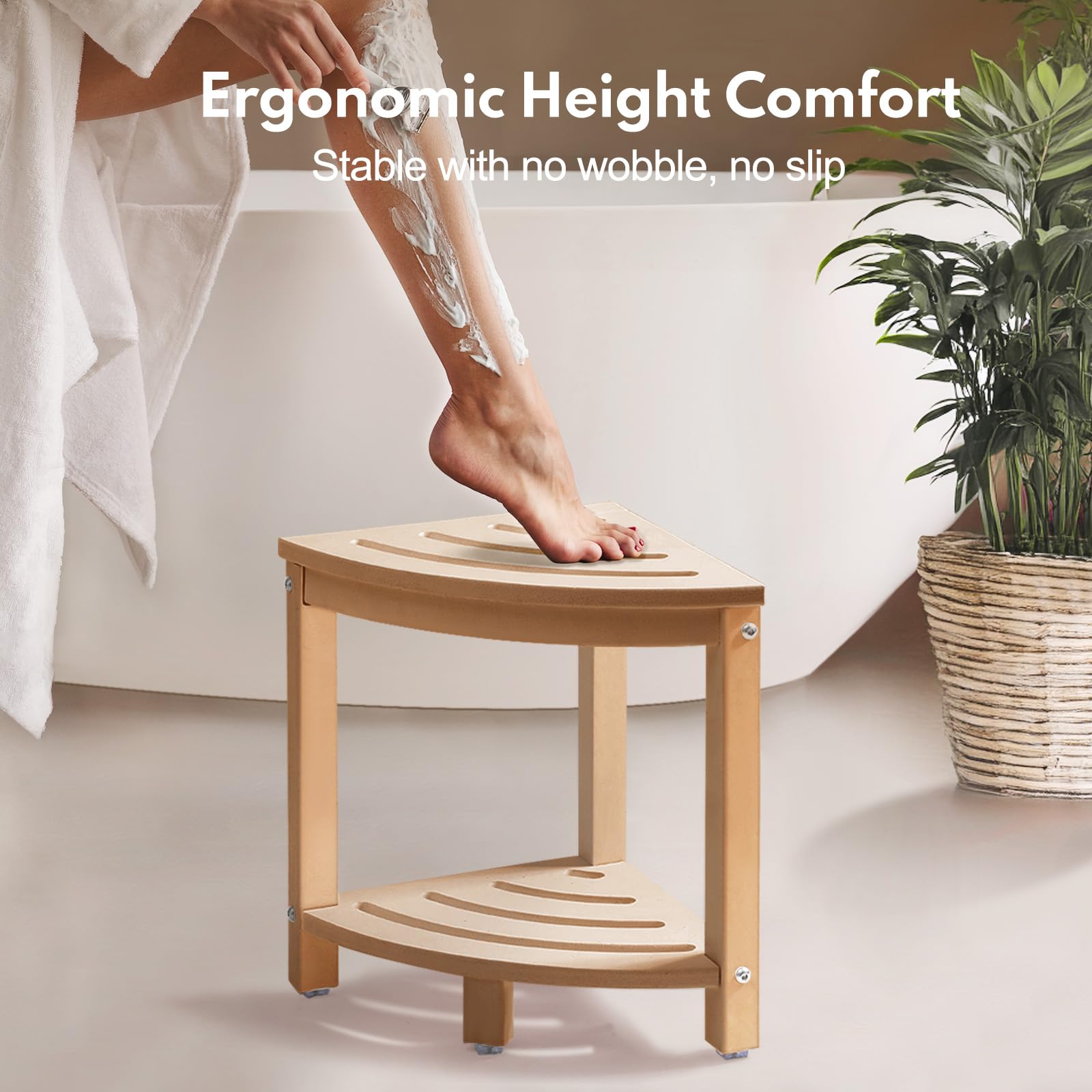 Corner Shower Stool for Inside Shower, HDPE Shower Stool for Shaving Legs, Waterproof Shower Bench with 2-Tier Storage, Small Shower Stool for Bathroom, Living Room, Bedroom , Non-Slip Feet, White