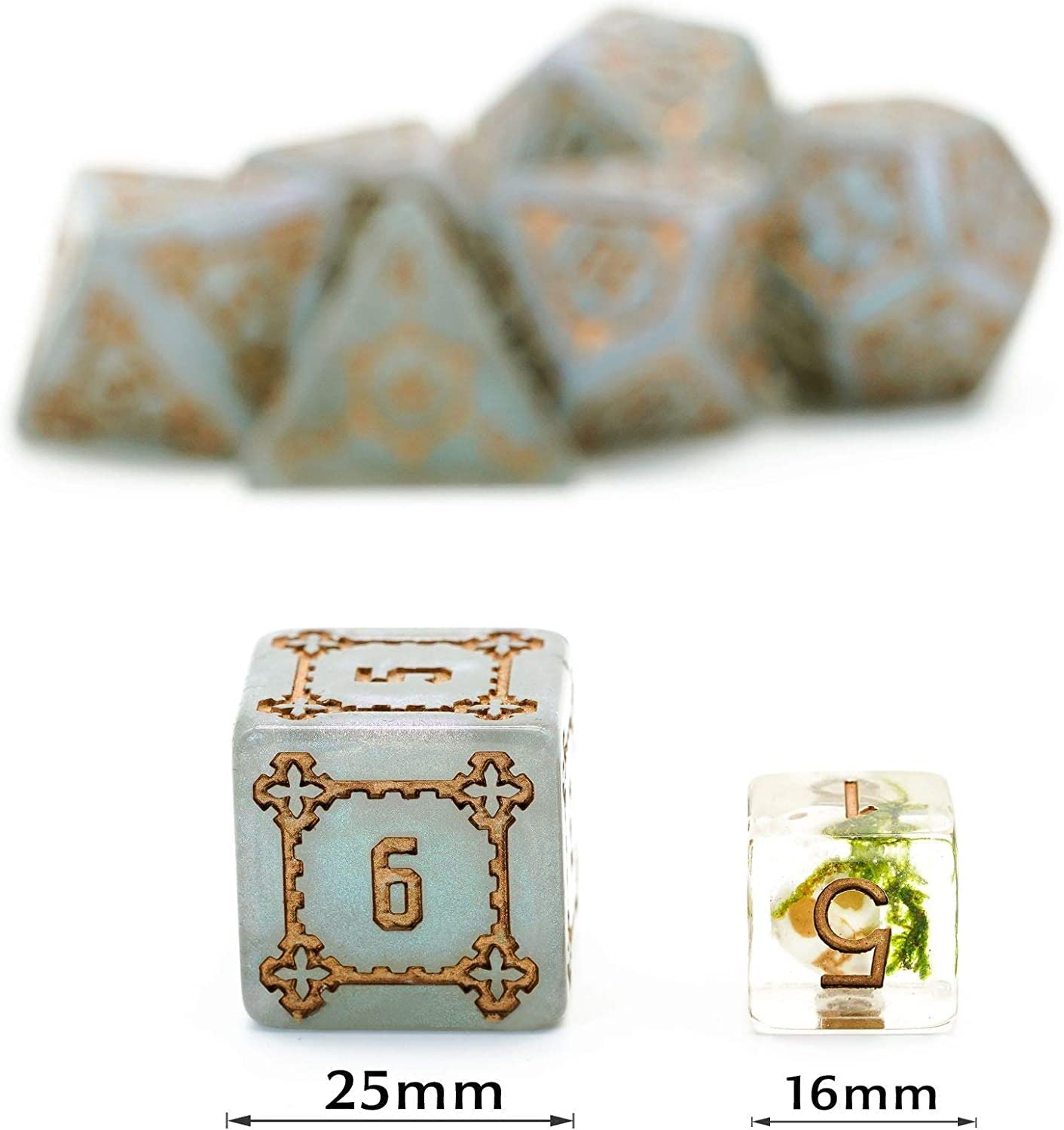 cusdie 7 Pcs 25mm Giant DND Dice with Dragon Eye Dice Bag, Polyhedral Dice Set, D&D Dice for Dungeons and Dragons Pathfinder RPG MTG (Gray Green)