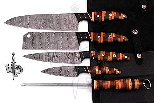 World Points WP-007 Custom Handmade Damascus Professional kitchen Chef knives set-5-Piece (Olive & Rose Wood)