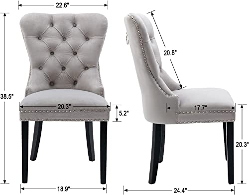 CIMOO Velvet Upholstered Dining Chairs Set of 4 Comfortable Tufted Chair Modern Armless Chairs with Button, Nailhead Trim, (Grey, Ring on The Back)