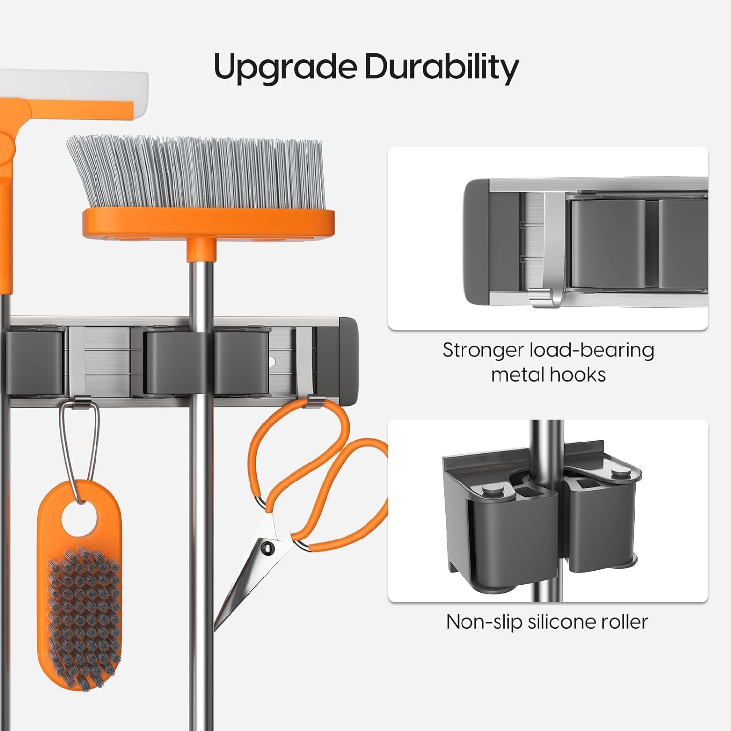 Broom Holder Wall Mount, [4 Racks & 5 Hooks] Drilling Free Mop and Broom Holder with 2 Over Door Hooks, Tool Organizer for Laundry Room, Garage, Kitchen, Closet, Bathroom, Pantry - Space Grey