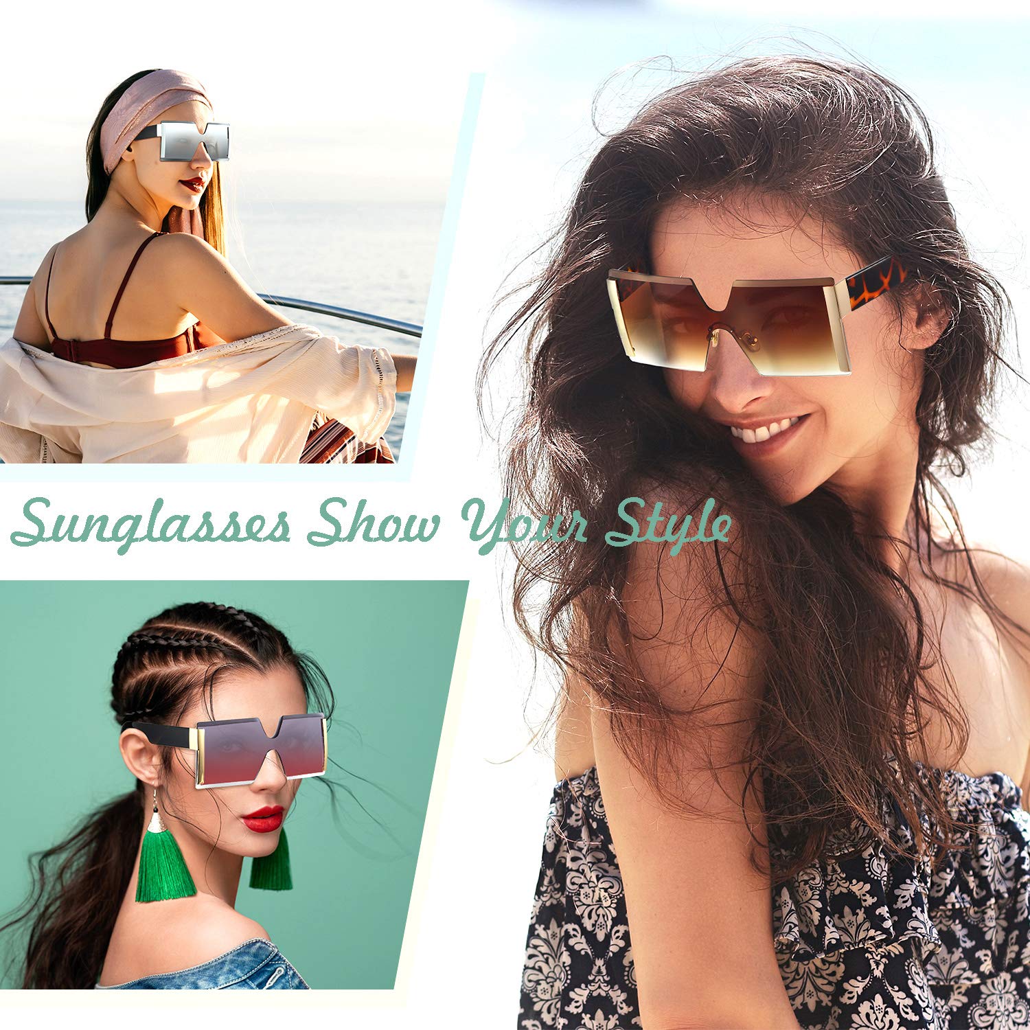 Frienda 3 Pieces Oversized Square Sunglasses for Women Trendy Fashion Rimless Frame Glasses Transparent Eyewear (Silver, Brown, Gray and Pink)