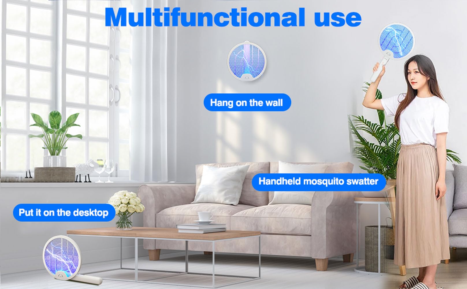 VLISBO Electric Fly Swatter 4000V 2 in 1 Bug Zapper Racket Fly Killer Mosquitoes Trap Lamp Rechargeable with 1200mAh Battery for Indoor Home Office Backyard Patio Camping (1 Pack)